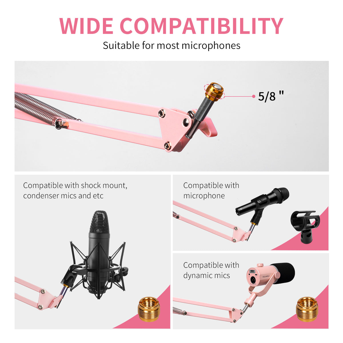 FEELWORLD AMS1 Pink Microphone Boom Arm for PM1 and Dynamic Microphone ...