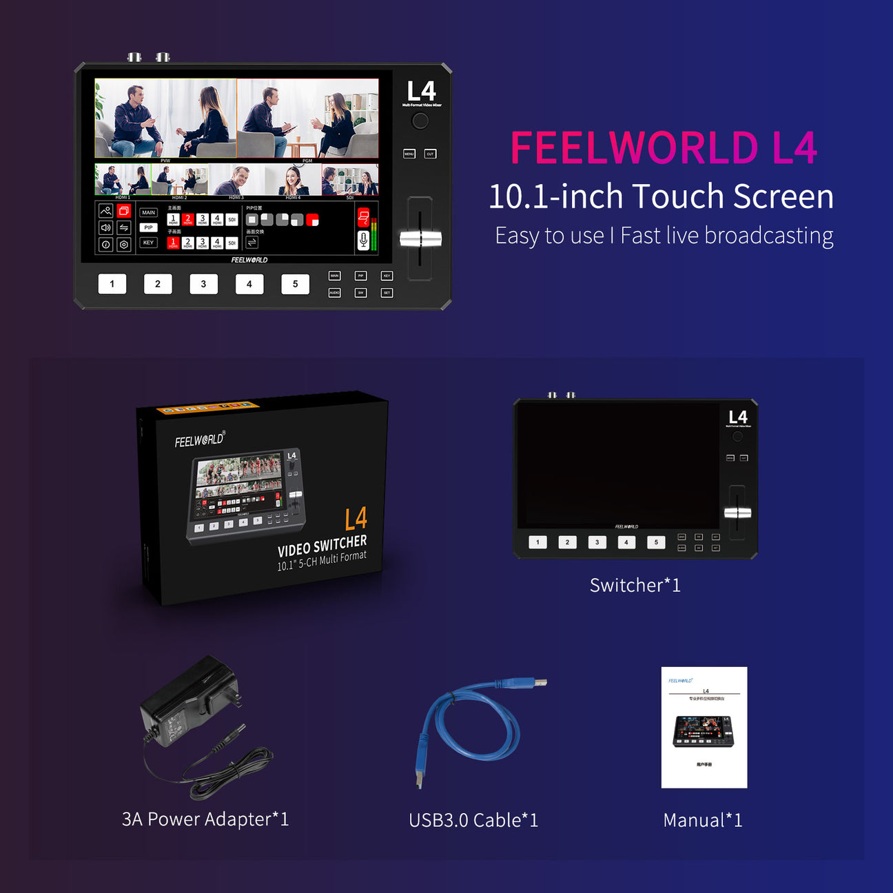 FEELWORLD L4 Multi-camera Video Mixer Switcher 10.1"Touch Screen ...