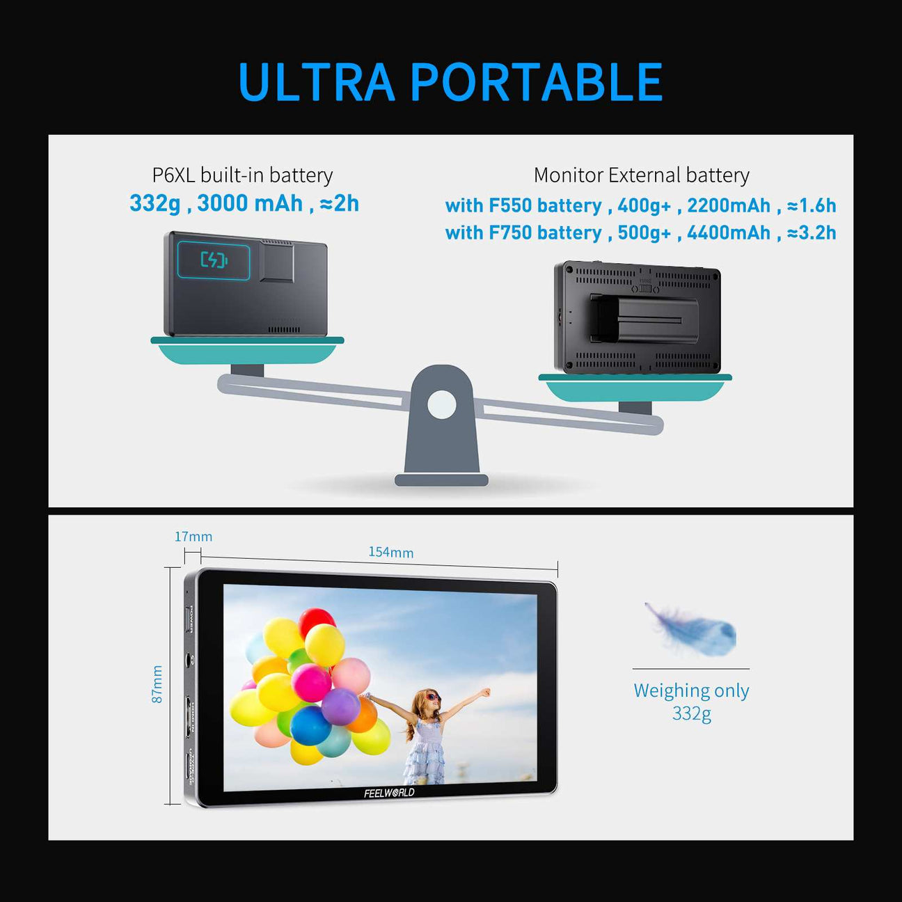 FEELWORLD P6XL 6 Inch Aluminium Built-in Battery Touch Screen 1200nit ...