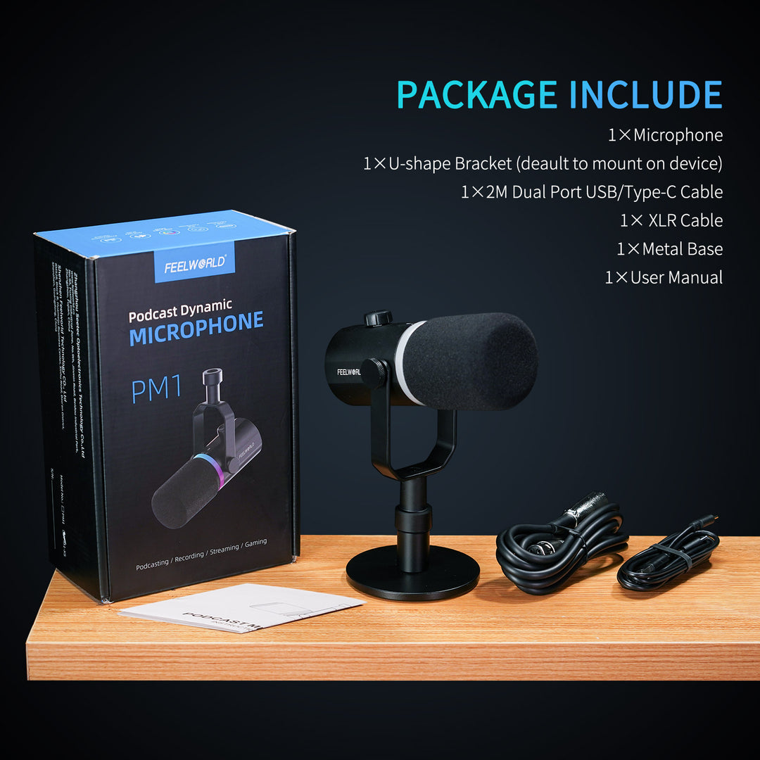 FEELWORLD PM1 XLR USB Dynamic Microphone with Desktop Stand Stand for ...
