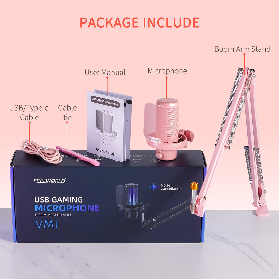 FEELWORLD VM1 Pink Gaming PC USB Condenser Microphone with Boom Arm St ...