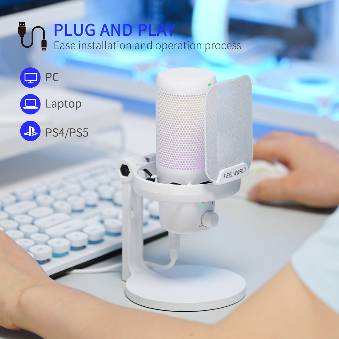 FEELWORLD VM1 White Gaming PC USB Condenser Microphone with Desktop St ...