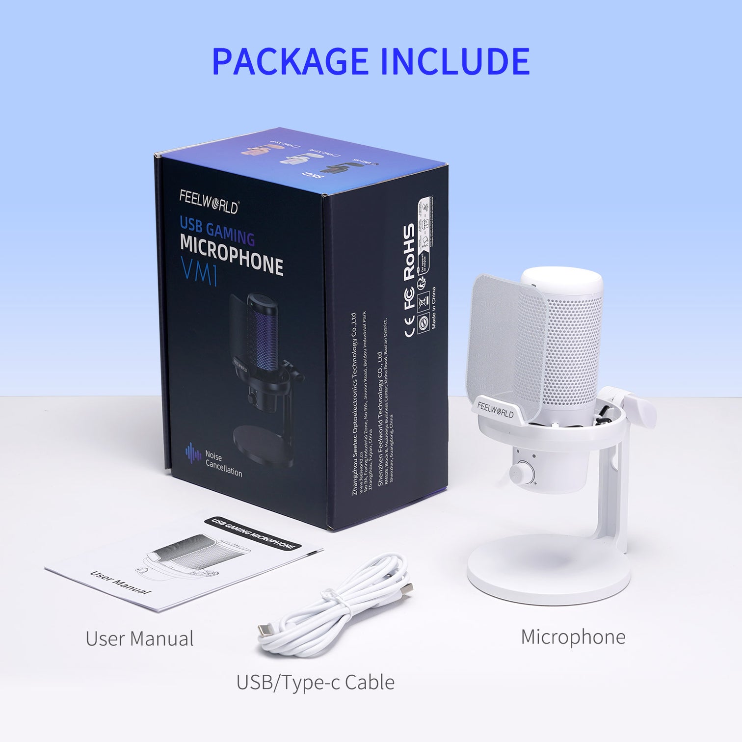 FEELWORLD VM1 White Gaming PC USB Condenser Microphone with Desktop St ...